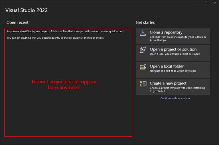 Visual Studio - Recent Projects Don't Appear in Start Window Anymore ...